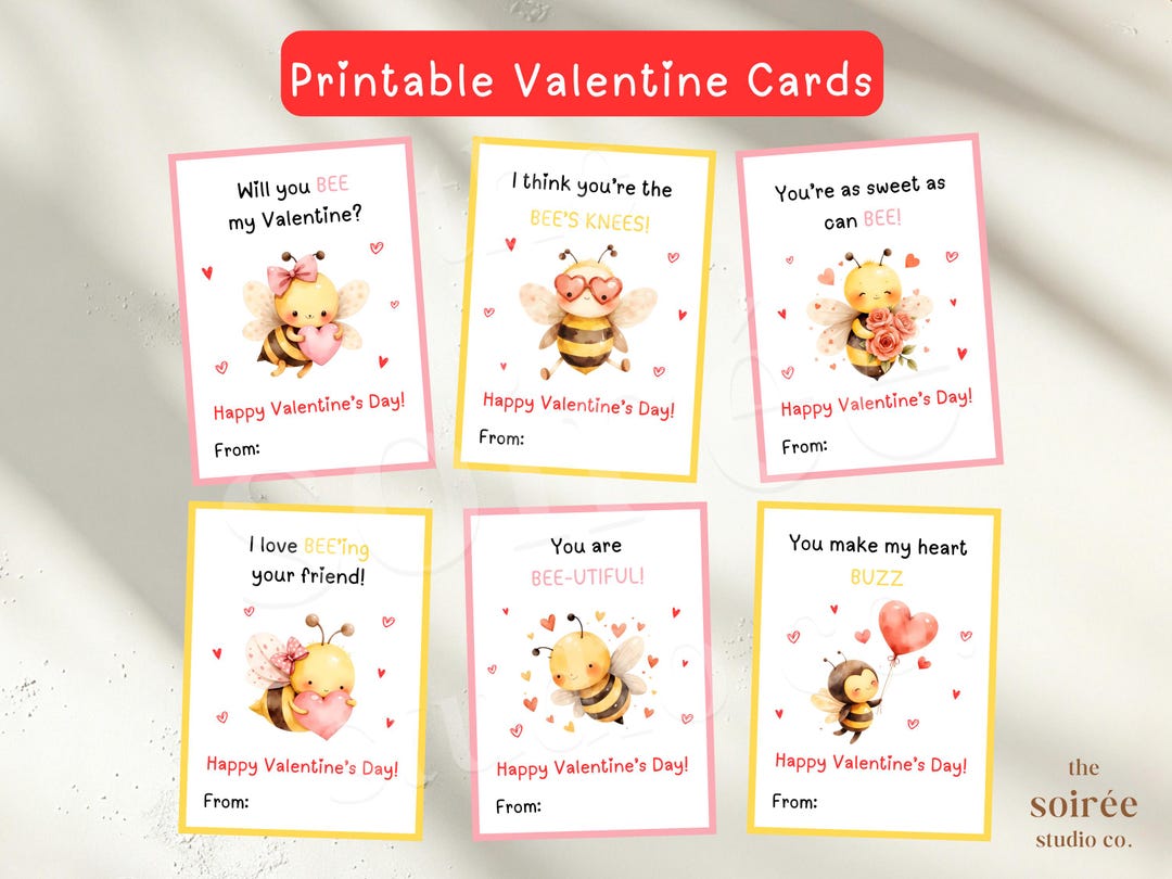 Bee Valentines Day Cards, Printable Classroom Kids Valentines Cards ...