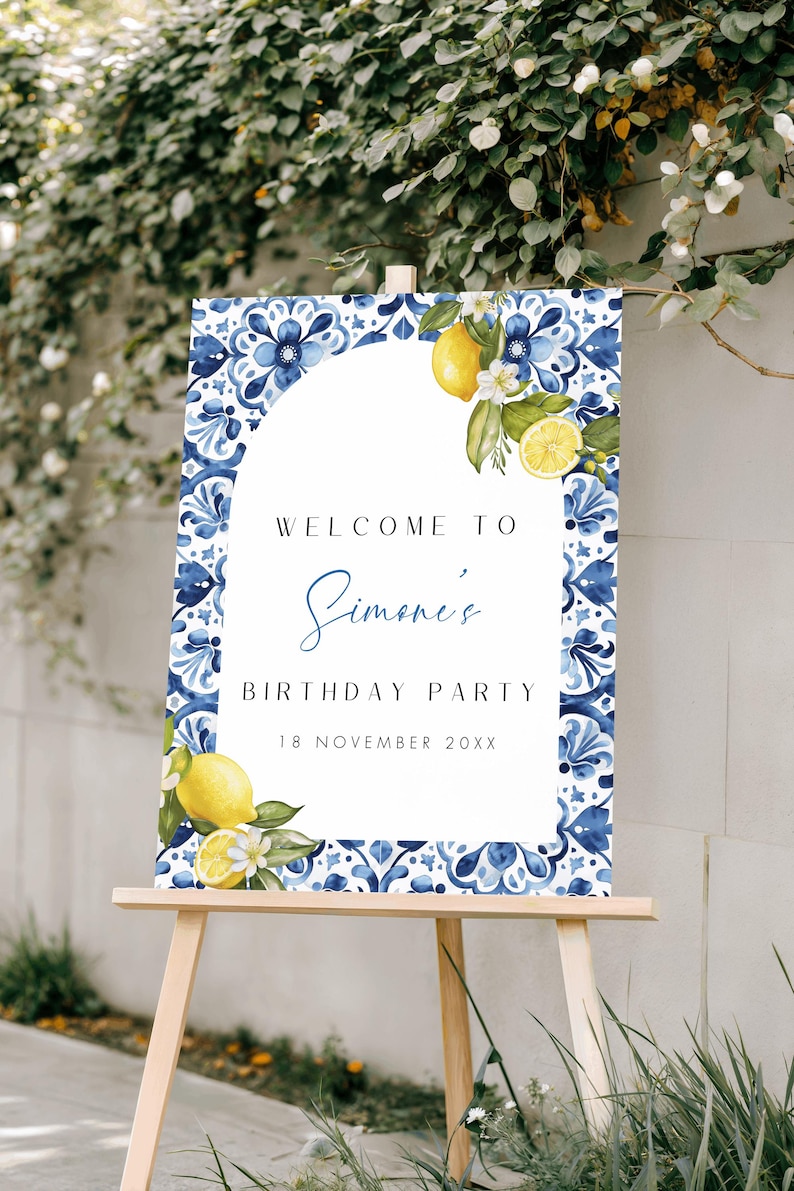 Editable Mediterranean Lemon Birthday Bundle, Blue Tiles Italian Party ...