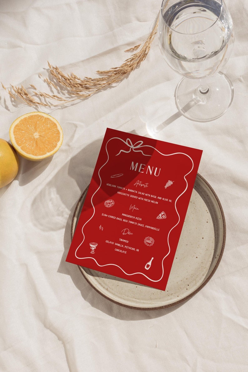 Editable Italian Dinner Party Menu, Red Dinner Menu Template, Hand ...