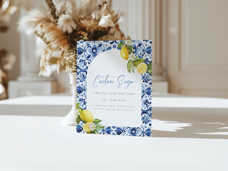 Editable Mediterranean Blue Tile Lemon Custom Sign Template, Amalfi ...