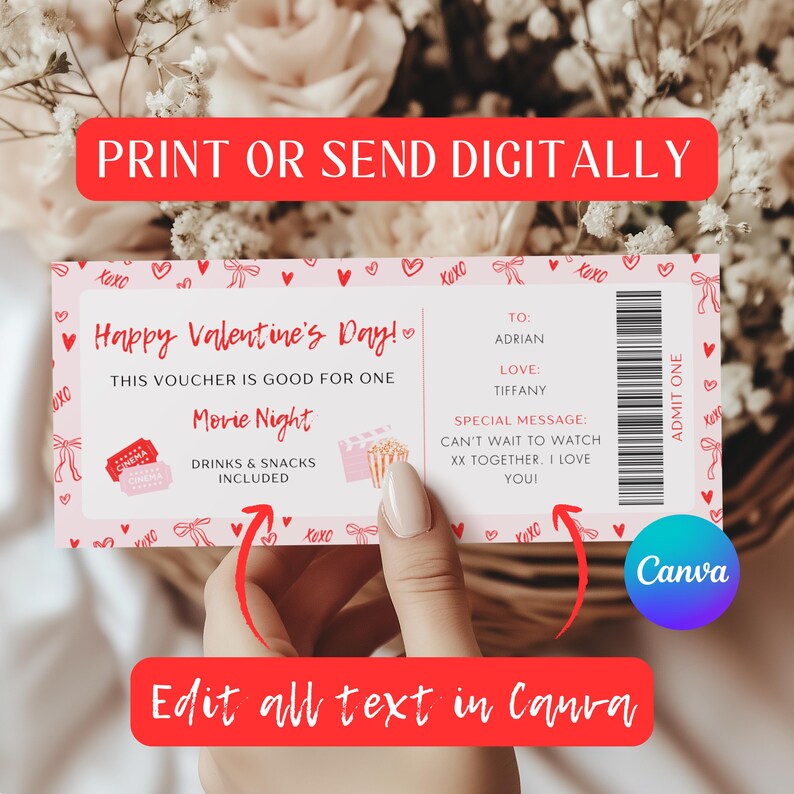 Editable Valentine's Day Ticket, Printable Valentine Coupon, Valentine ...