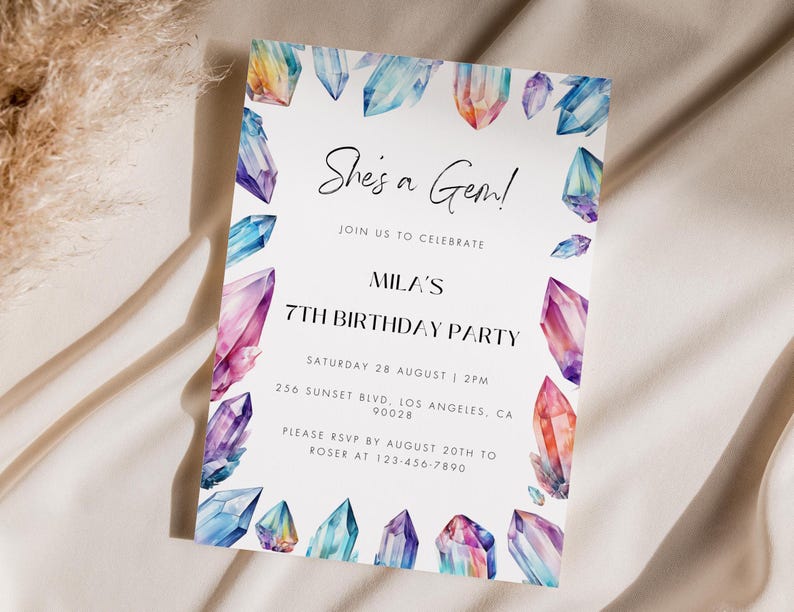Editable Crystal Geode Gemstone Birthday Invitation, She's a Gem Geology Party Invite, Instant ...