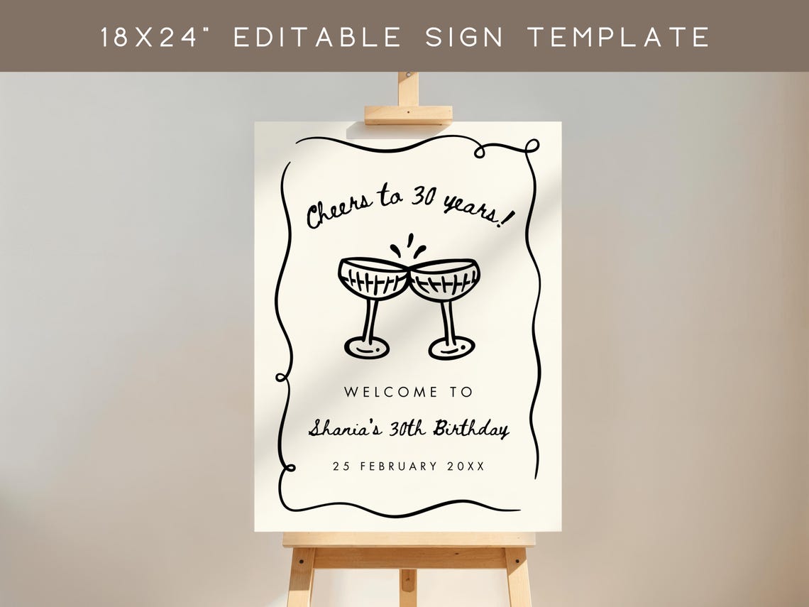 30th Birthday Welcome Sign Template, 21st Cocktail Party Decor, Hand ...