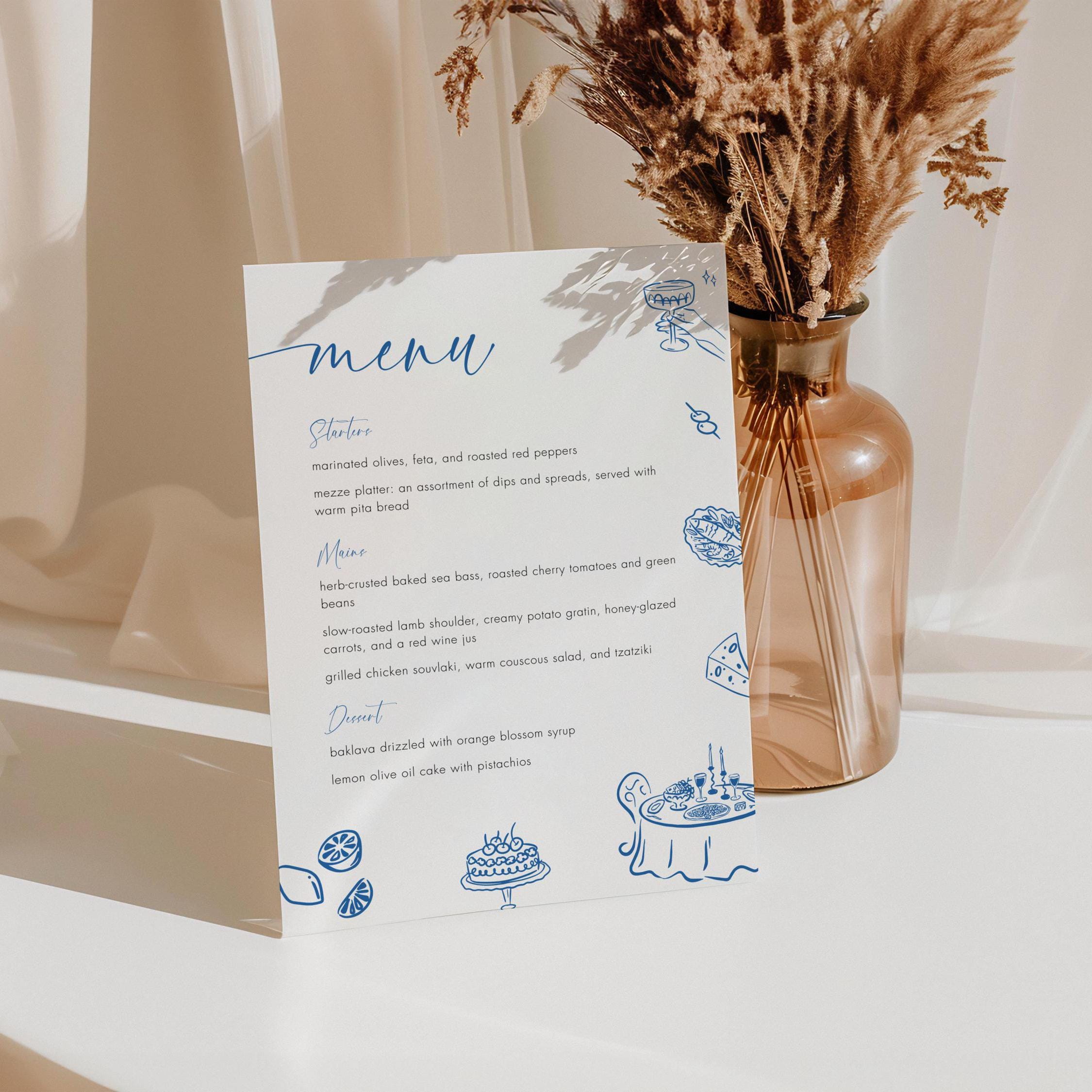 Italian Wedding Menu Template, Mediterranean Hand Drawn Printable ...