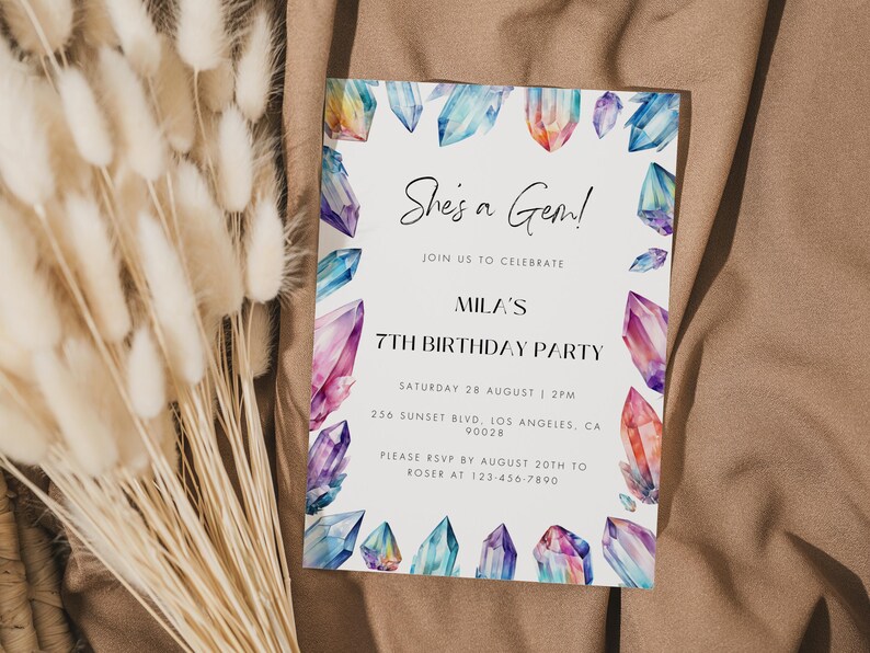 Editable Crystal Geode Gemstone Birthday Invitation, She's a Gem ...