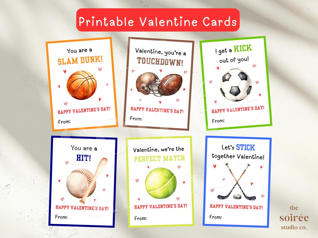 Printable Sports Kids Valentines Cards, Classroom Valentines, Boys ...