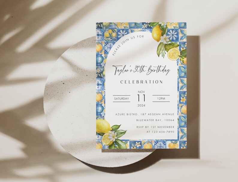 Editable Mediterranean Birthday Invitation, Citrus Lemon, Blue Tile ...