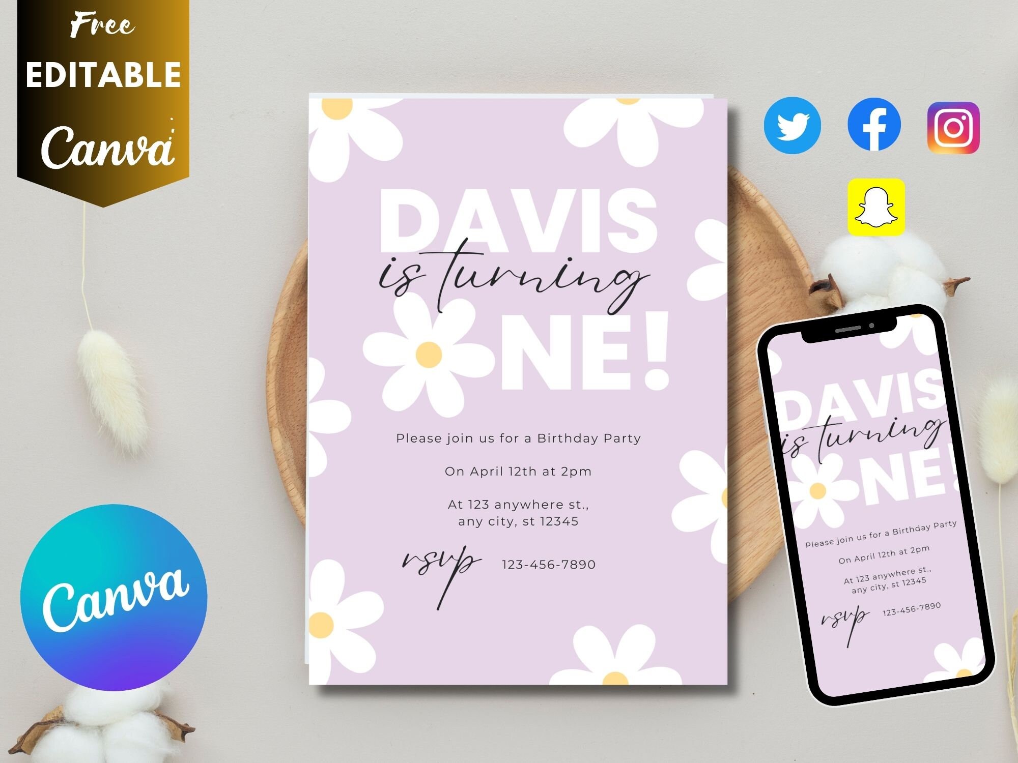 EDITABLE Daisy One Girl Birthday Invitation, 1st 2nd Birthday Invite ...
