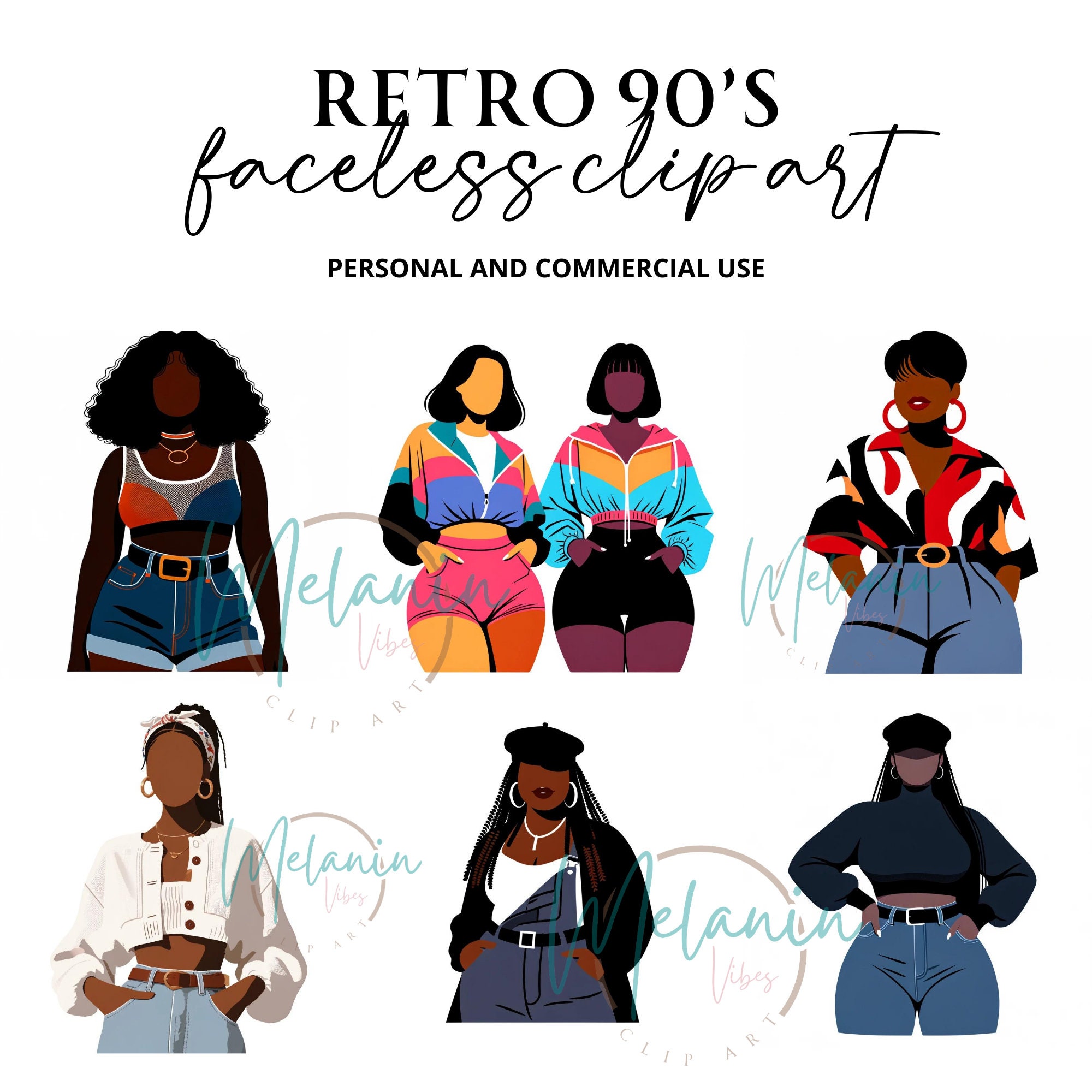 Retro 90s Faceless Clip Art, Digital AI Clip Art, Melanin Clip Art ...