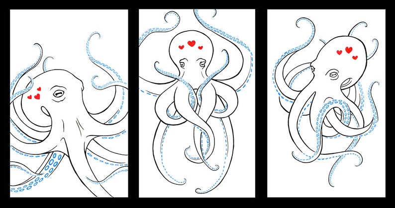 Octopus Drawing With Hearts - All Three - Etsy