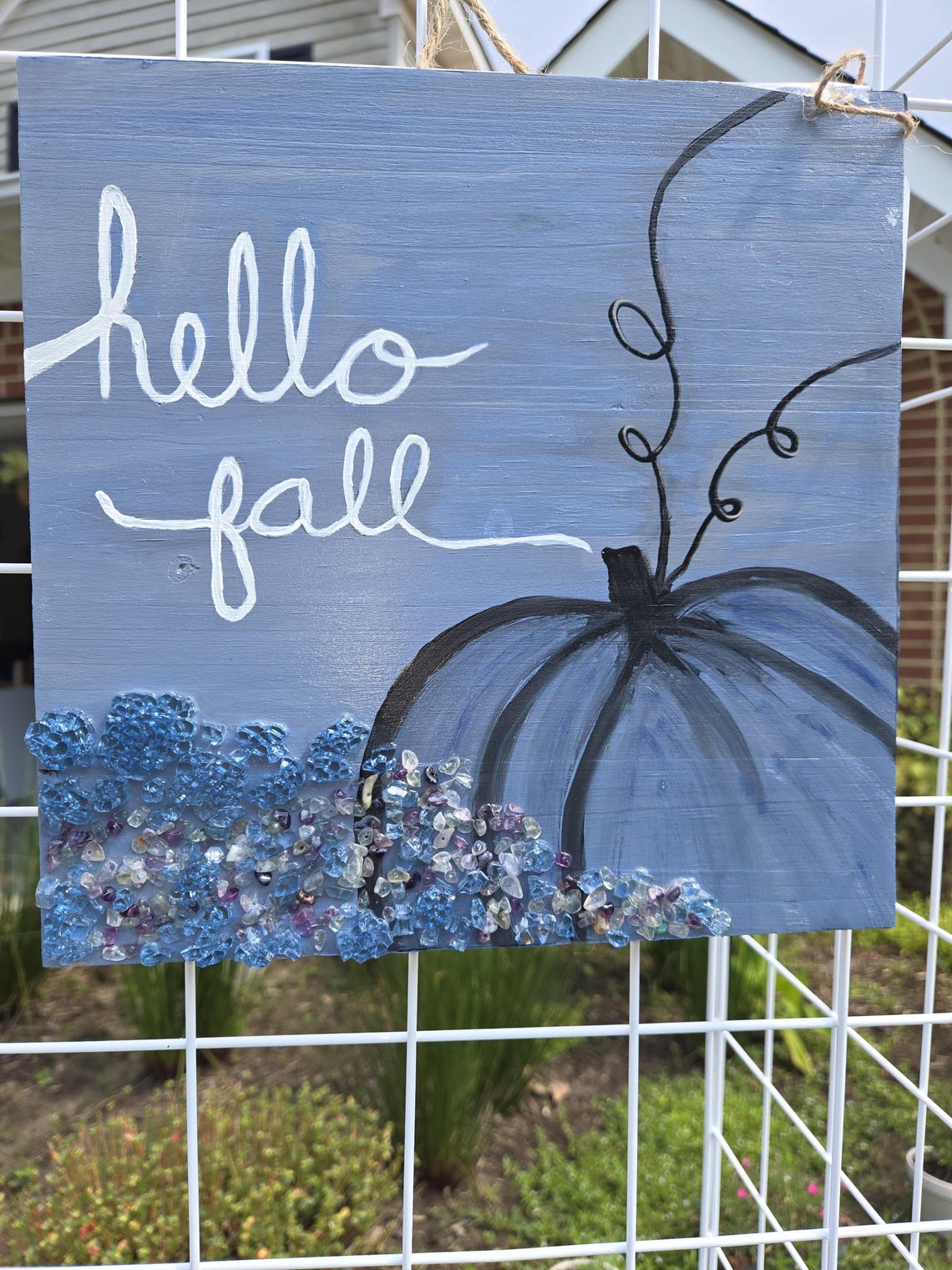 Happy Fall Pumpkin Wooden Hanging Sign, Blue, Black and White With Blue ...