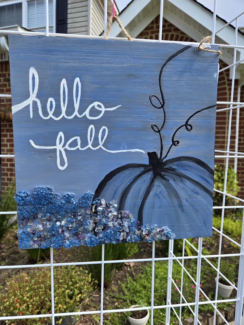 Happy Fall ( Pumpkin Wooden Hanging Sign, Blue, Black and White With ...