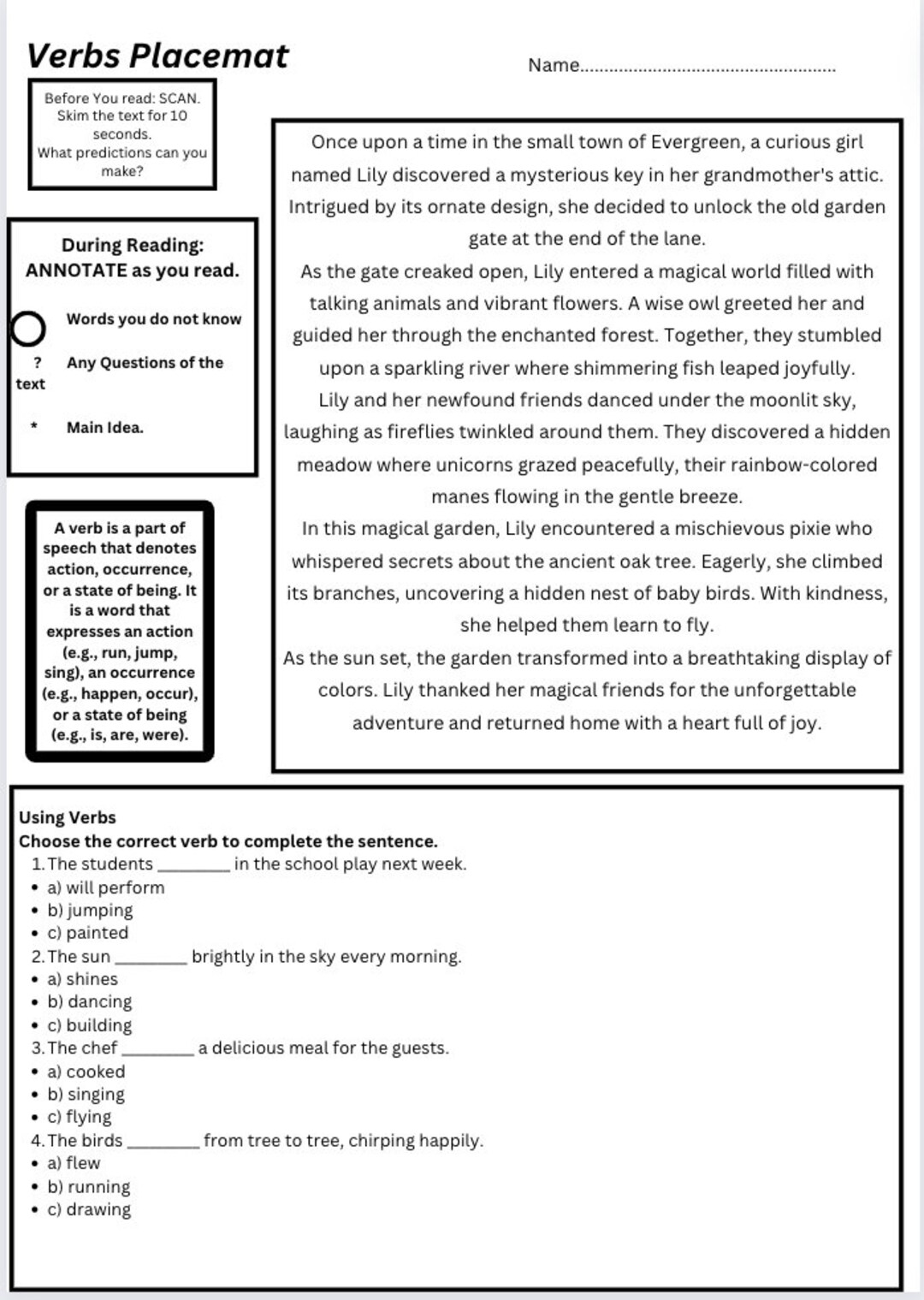 Stage 4 Verbs Placemat Activity - Etsy