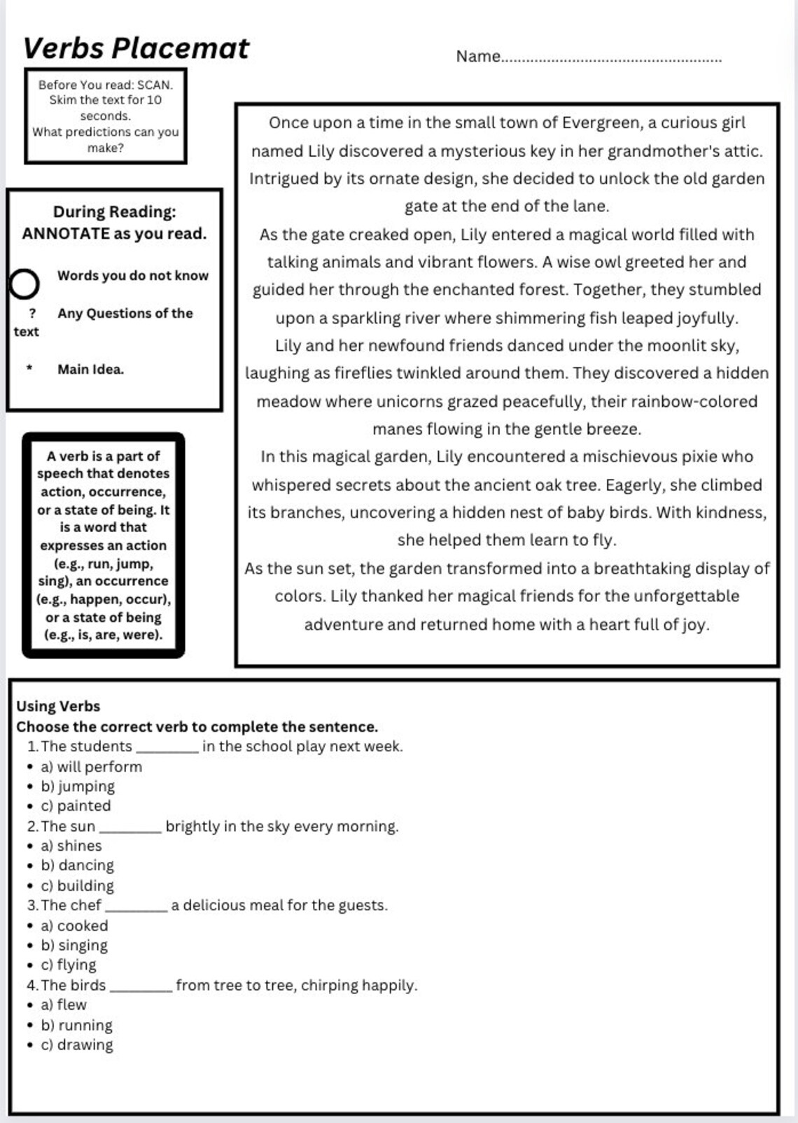 Stage 4 Verbs Placemat Activity - Etsy