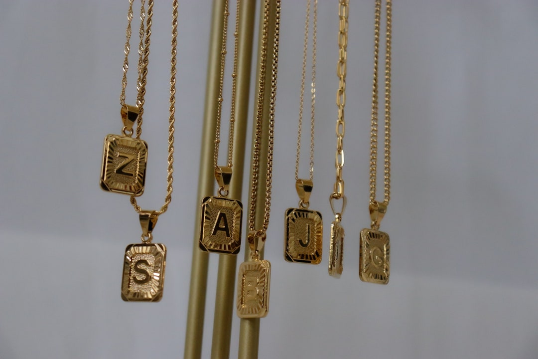18K Gold Initial Letter Necklace, Medal Gold Initial Letter Pendant ...