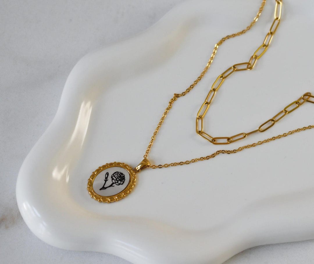 Layered Necklace, Birth Flower Layer Necklace, Mother of Pearl Birth ...