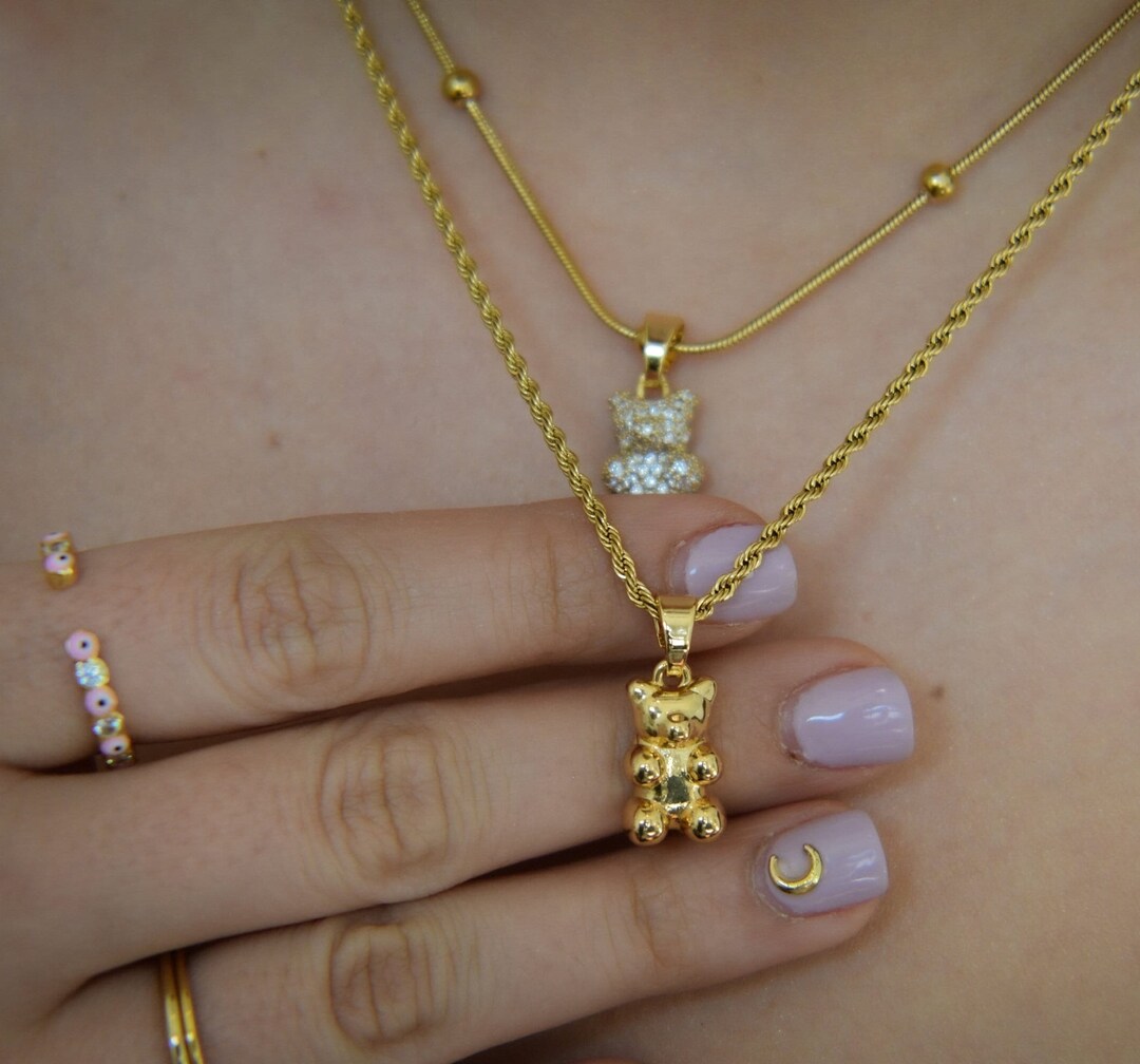 18K Gold BEAR Charm Pendant Solid Crystal Bear Animal Necklace Choker ...