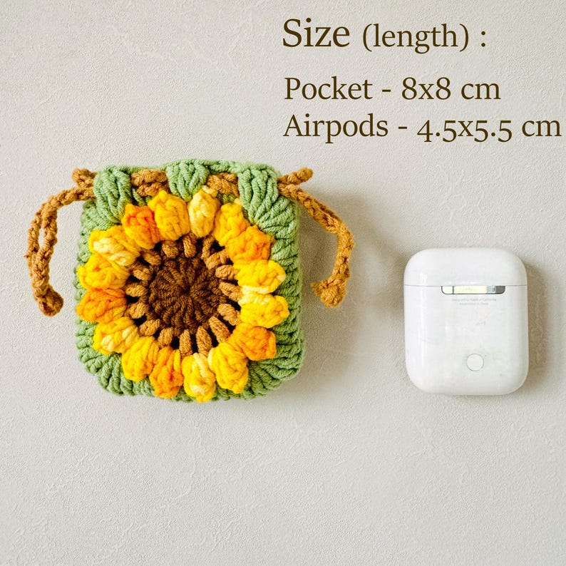 Sunflower Crochet Pouch, Custom Color Knitted Sunflower Drawstring Bag ...