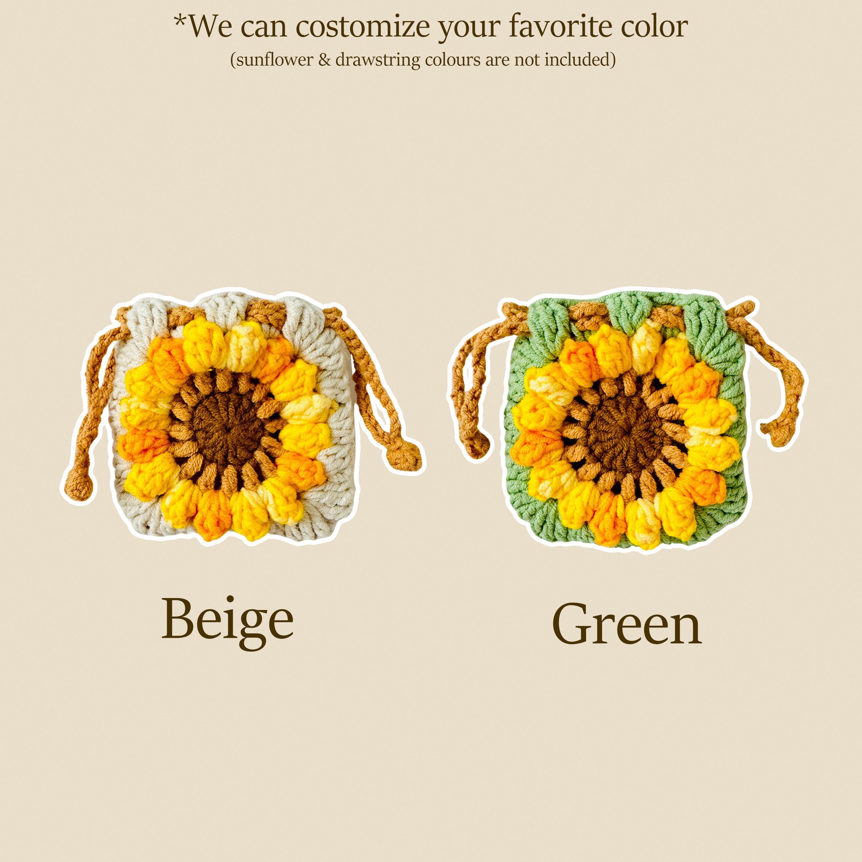 Sunflower Crochet Pouch, Custom Color Knitted Sunflower Drawstring Bag ...