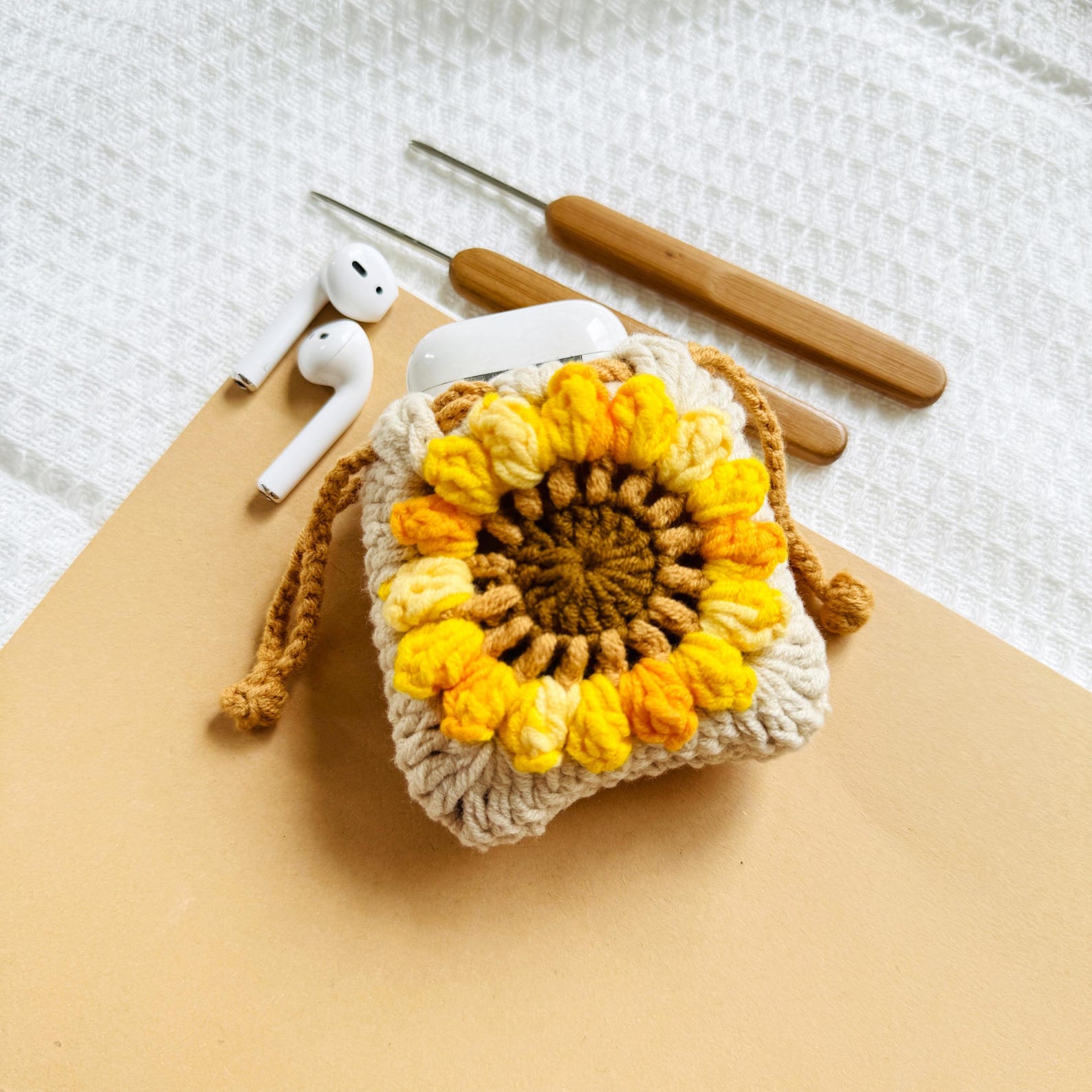 Sunflower Crochet Pouch, Custom Color Knitted Sunflower Drawstring Bag ...