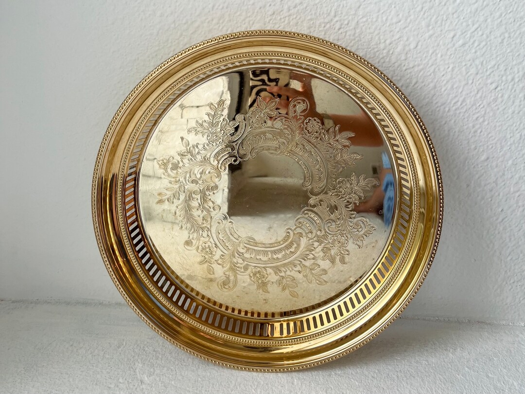 Large Golden Floral Etched Tray With Cut Outs 12 Ornate Victorian ...