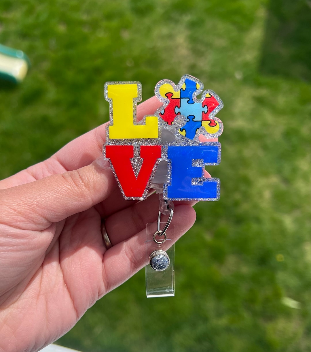 Autism Awareness Badge Reel: Love Puzzle Piece, Glitter Acrylic - Etsy ...