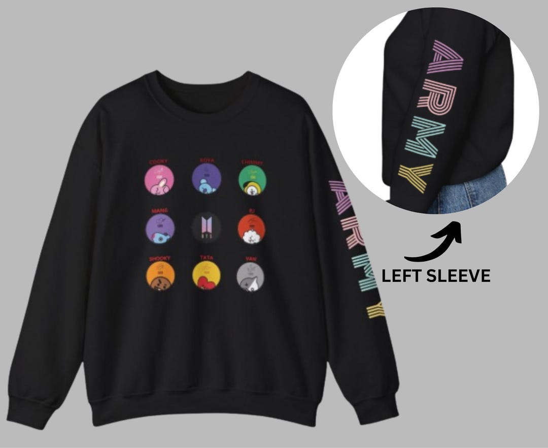 Bts Army Bt21 Sweatshirt – Bt21 Character Name Signatures , Army Sleeve ...