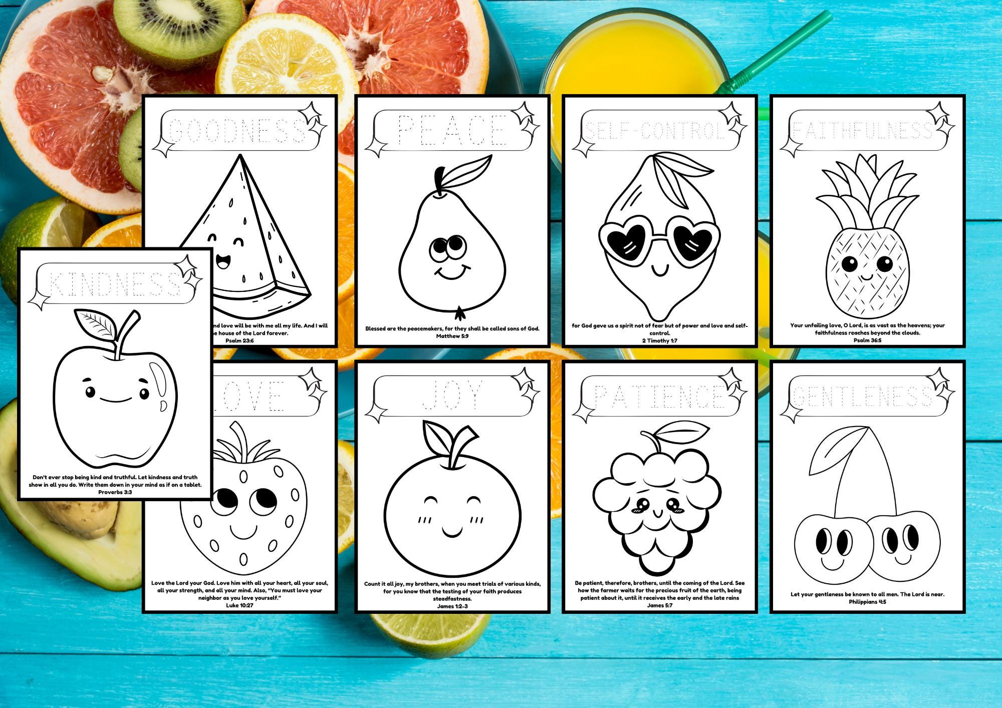 Fruit of the Spirit Coloring Tracing Pages, Printable Kids Bible Verse ...