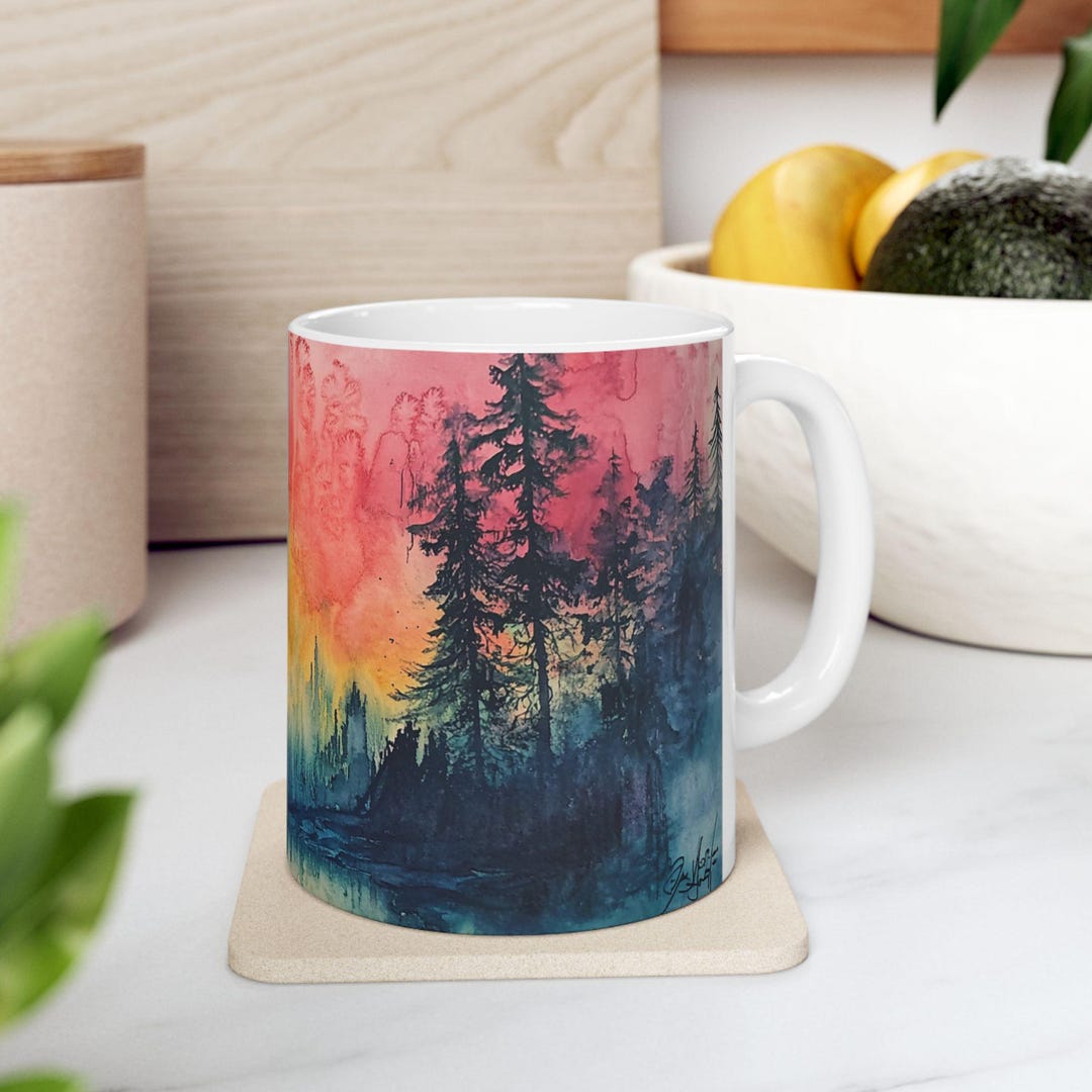 Bob Ross Inspired Ceramic Mug, Hand Painted Mountain Range Coffee Cup ...