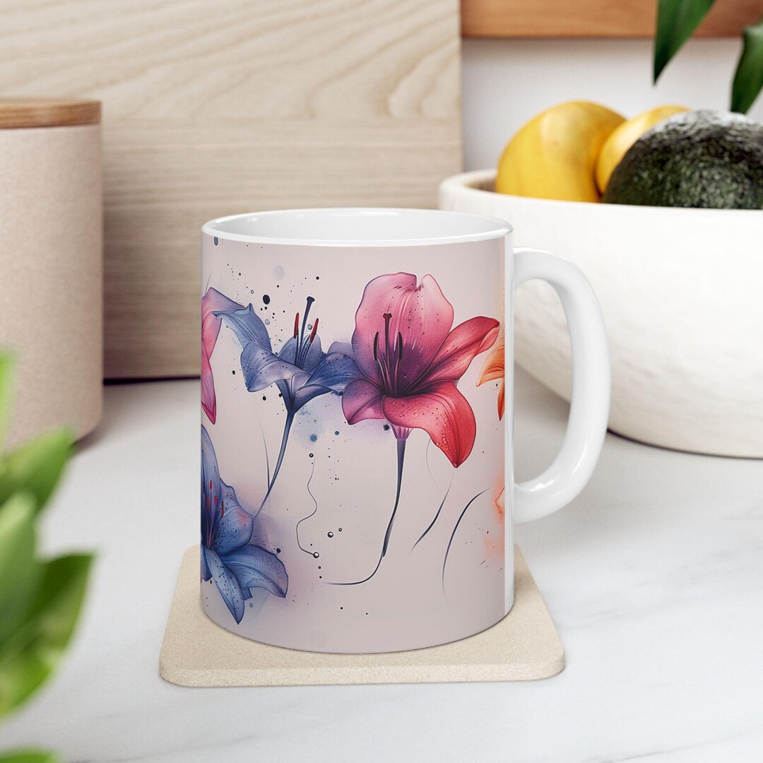 Lily Ceramic Coffee Mug, Watercolor Floral Art, Elegant Drinkware - Etsy