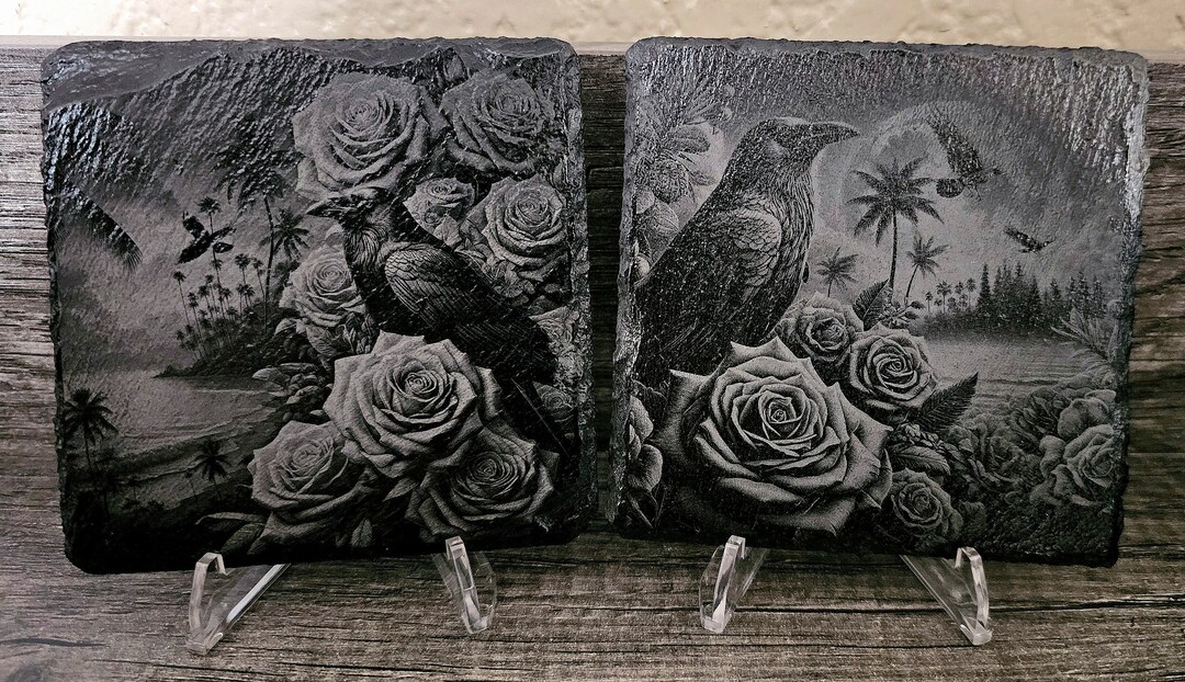 Crow and Roses Laser Engraved Slate - Etsy