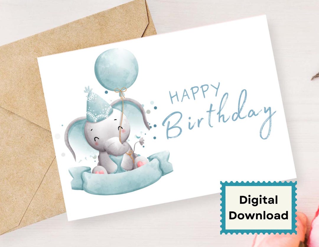 Elephant Birthday Card – Printable Canva Template (digital Download) - Etsy