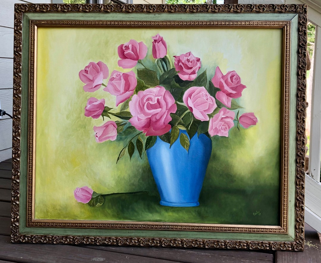Original Pink Rose Painting - Intricate Frame - 24” X 30” -carlee 1977 ...