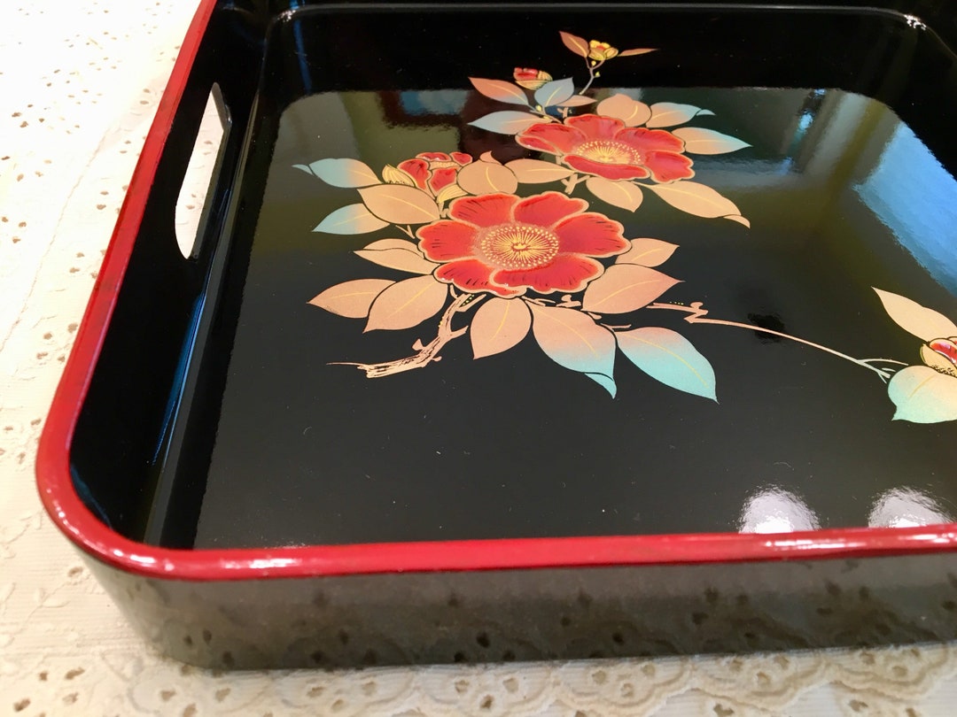 Lacquerware Chinoiserie Tray Black Red Floral Tray With Handles Asian ...