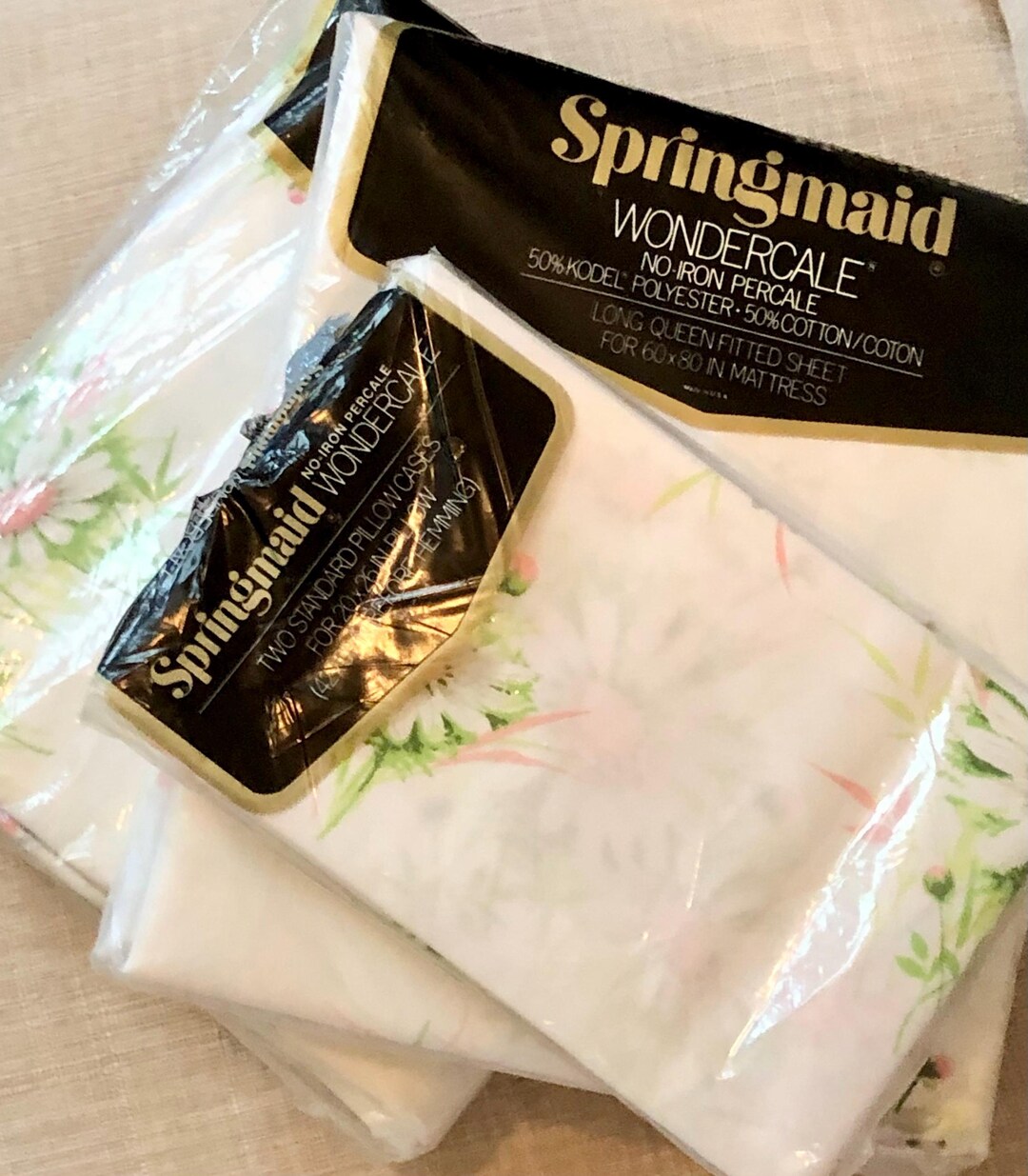 Vintage Sheet Set - Pink Daisy Queen Flat Fitted Sheet Pillowcases ...