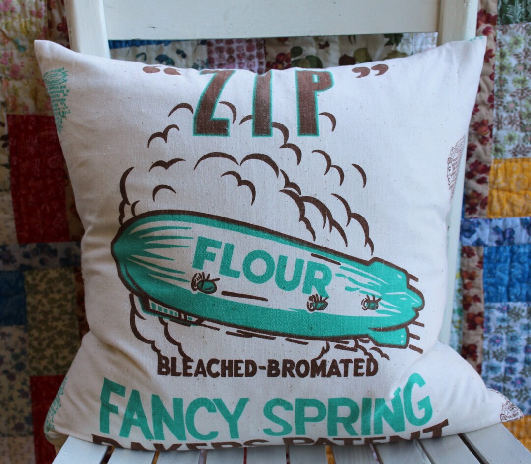 ZIP Flour Sack Pillow Cover - Turquoise and Brown - 18" - Vintage ...
