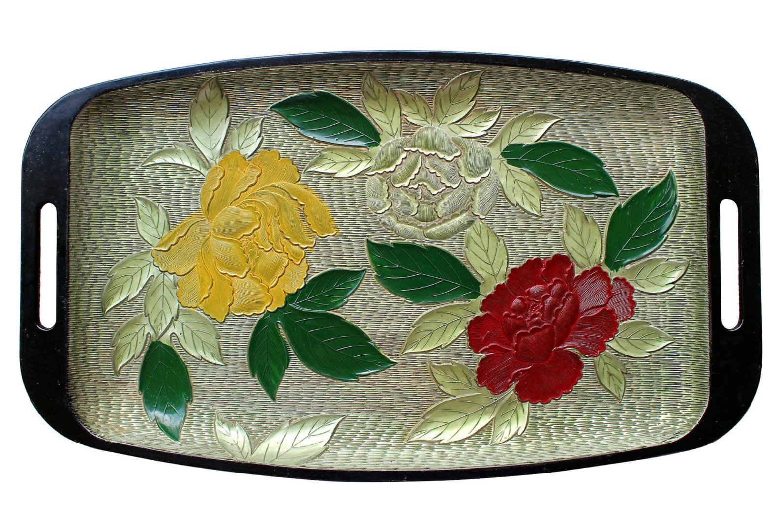 Hand-painted Peony Tray W/ Handles Vintage Tray Red Green | Etsy