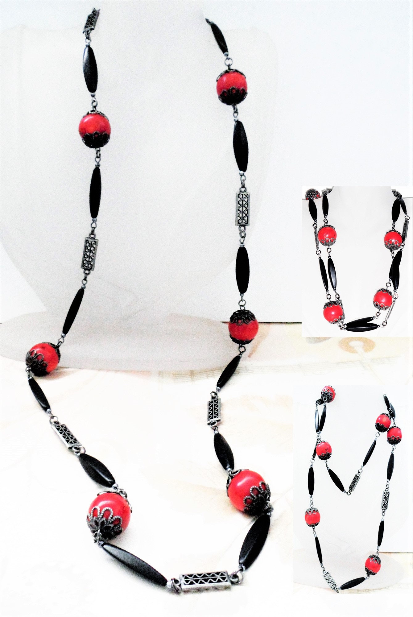 Black and Red Long Necklace, Adjustable Necklace, Red Coral and Black ...