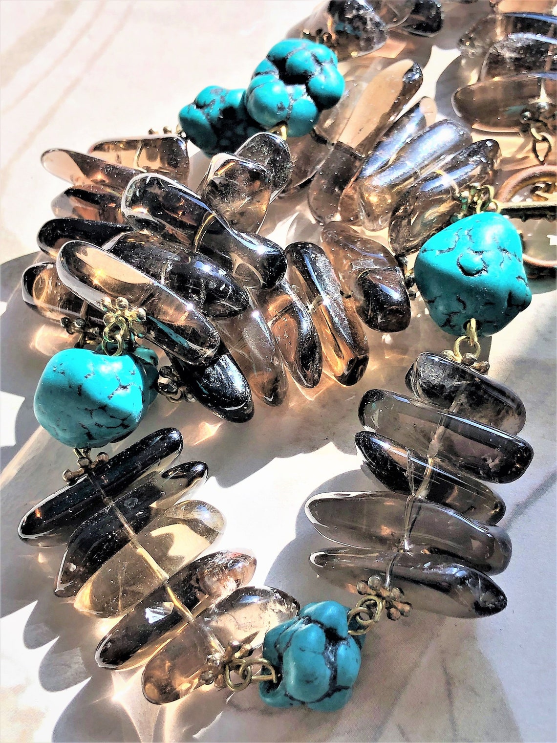 Smoky Quartz and Turquoise Necklace, Quartz Chips, Turquoise Nuggets ...