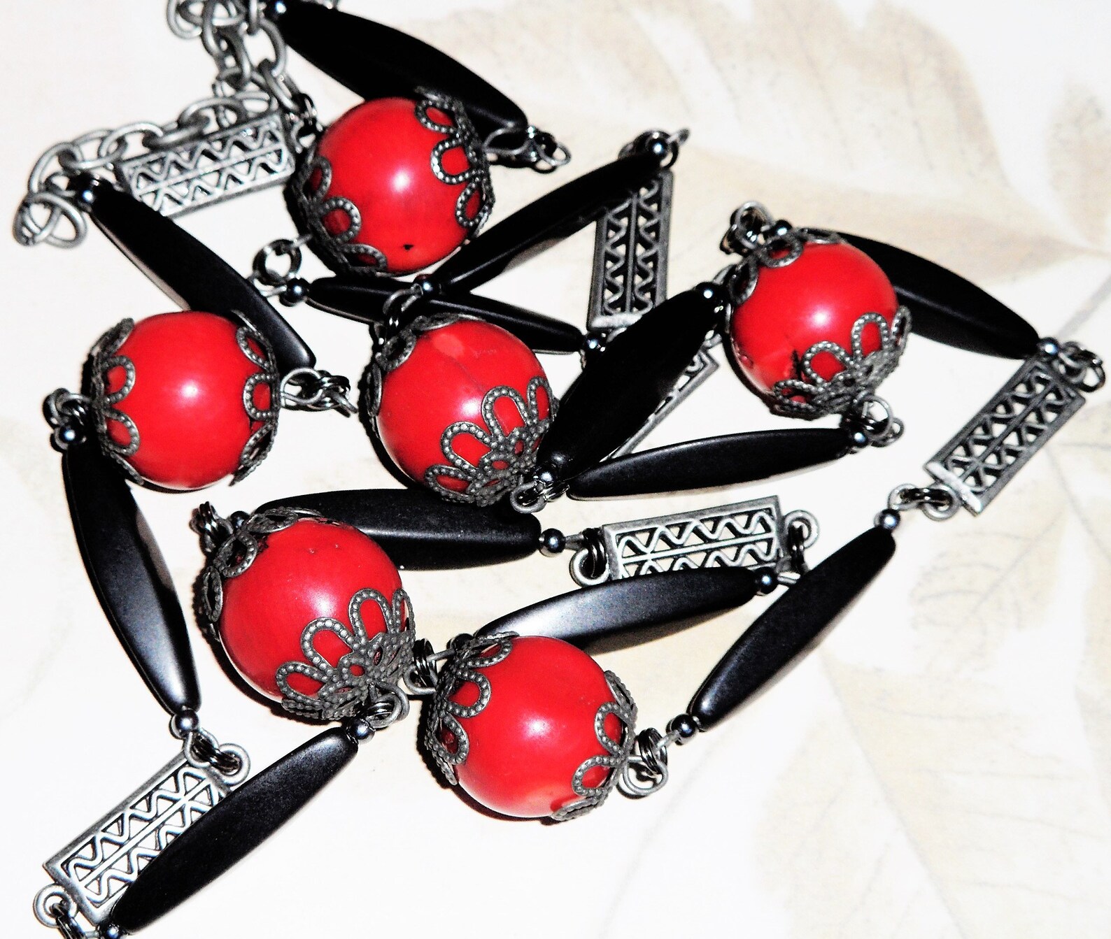 Black and Red Long Necklace, Adjustable Necklace, Red Coral and Black ...