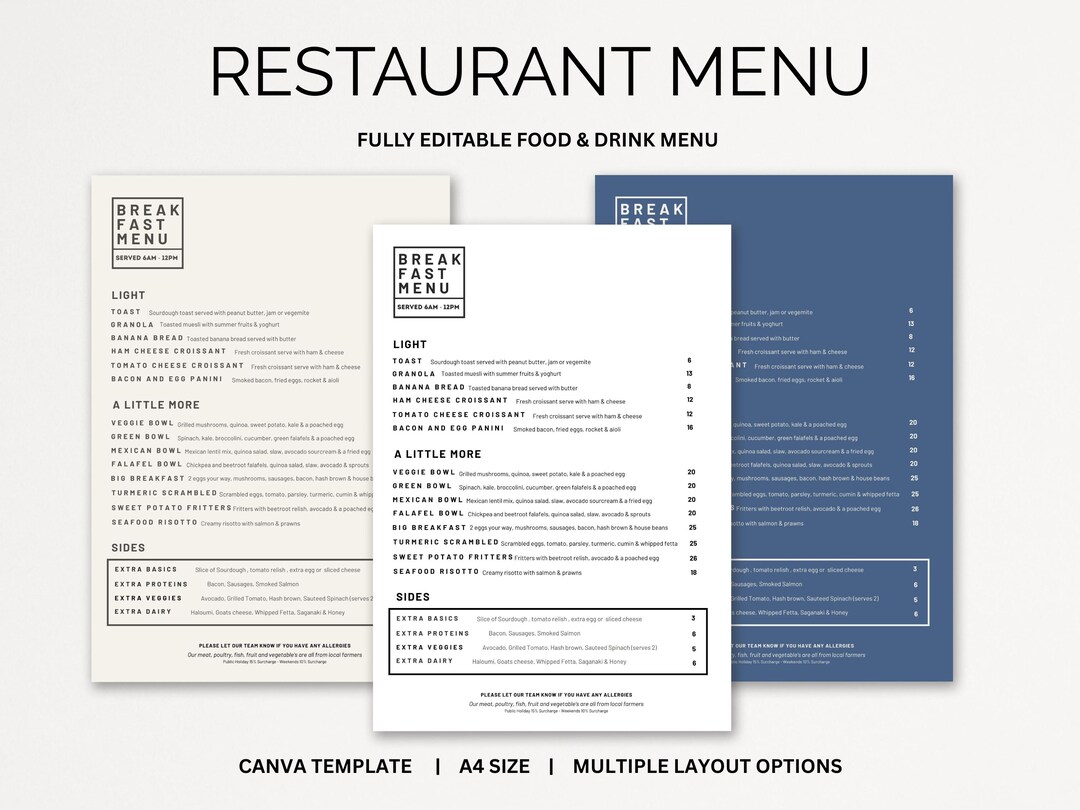 Editable Restaurant Menu Template: A4 Cafe Menu (canva Digital Download ...