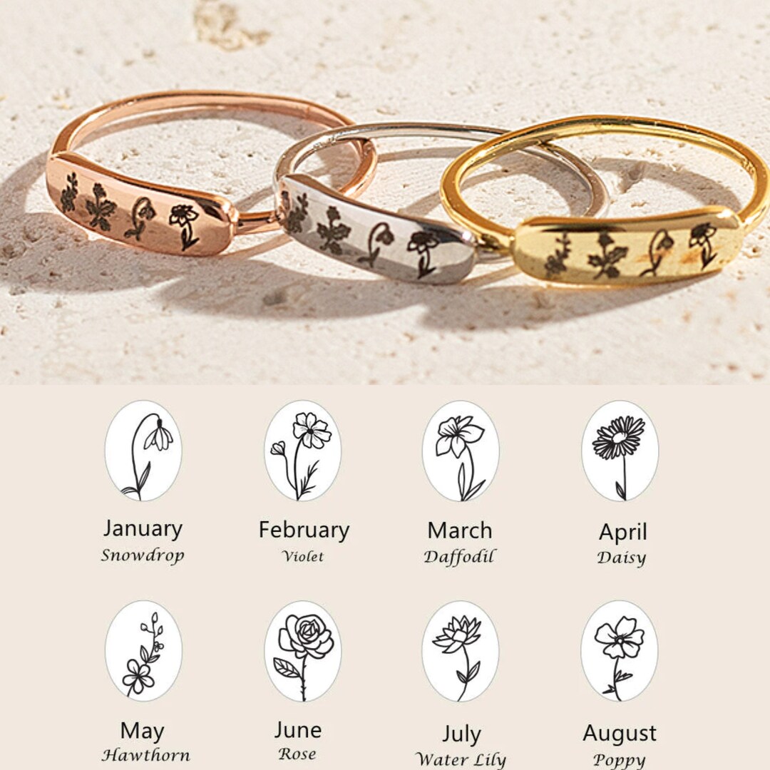 Personalized Birth Flower Ring, Custom Birth Month Ring, Birth Month ...