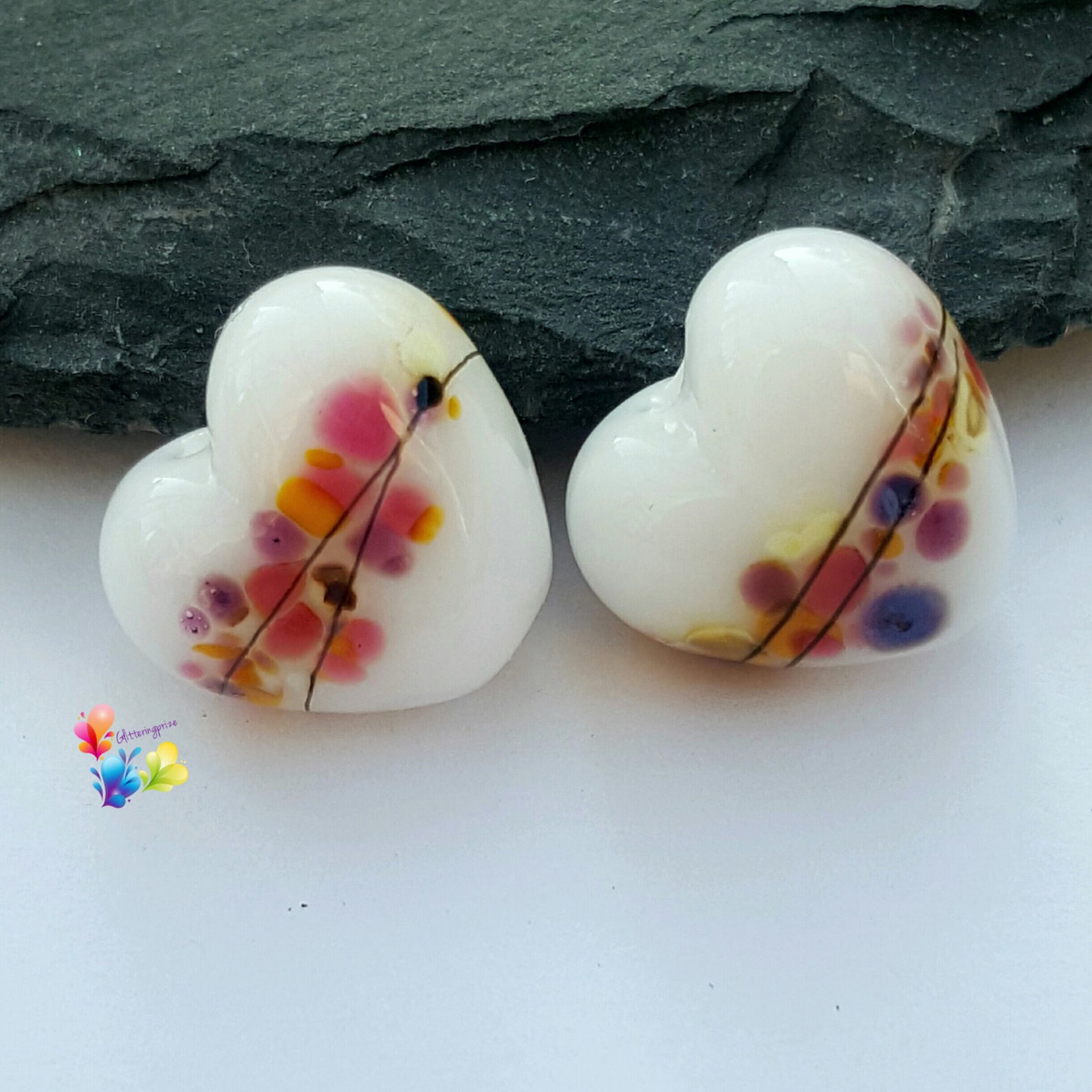 Lampwork Beads Handmade, Summer Pudding Heart Pair Made to Order White ...