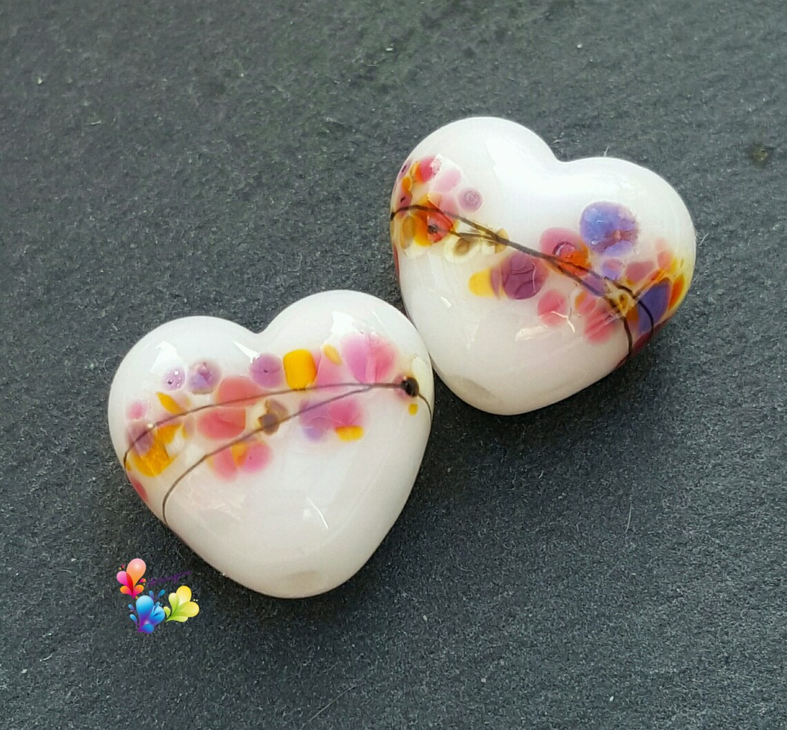 Lampwork Beads Handmade, Summer Pudding Heart Pair Made to Order White ...