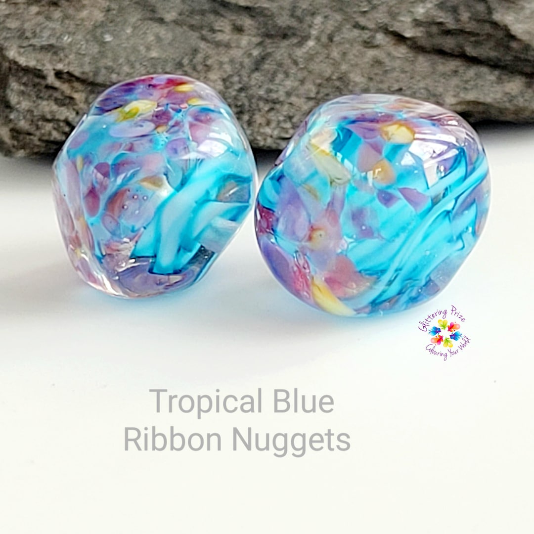 Lampwork Beads Handmade, Tropical Blue Ribbon Nugget Pair, Glass Beads ...