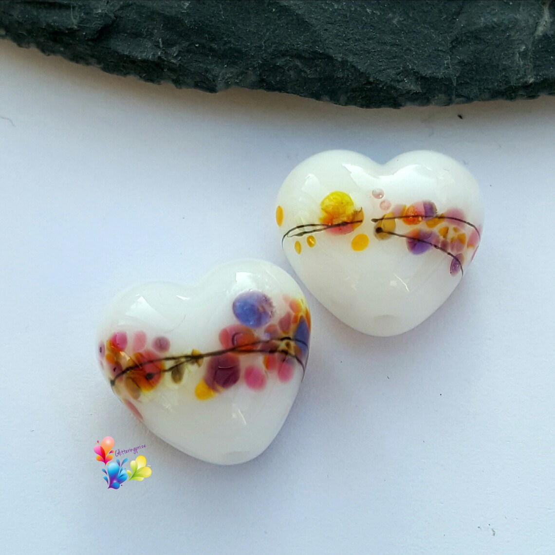Lampwork Beads Handmade, Summer Pudding Heart Pair Made to Order White ...