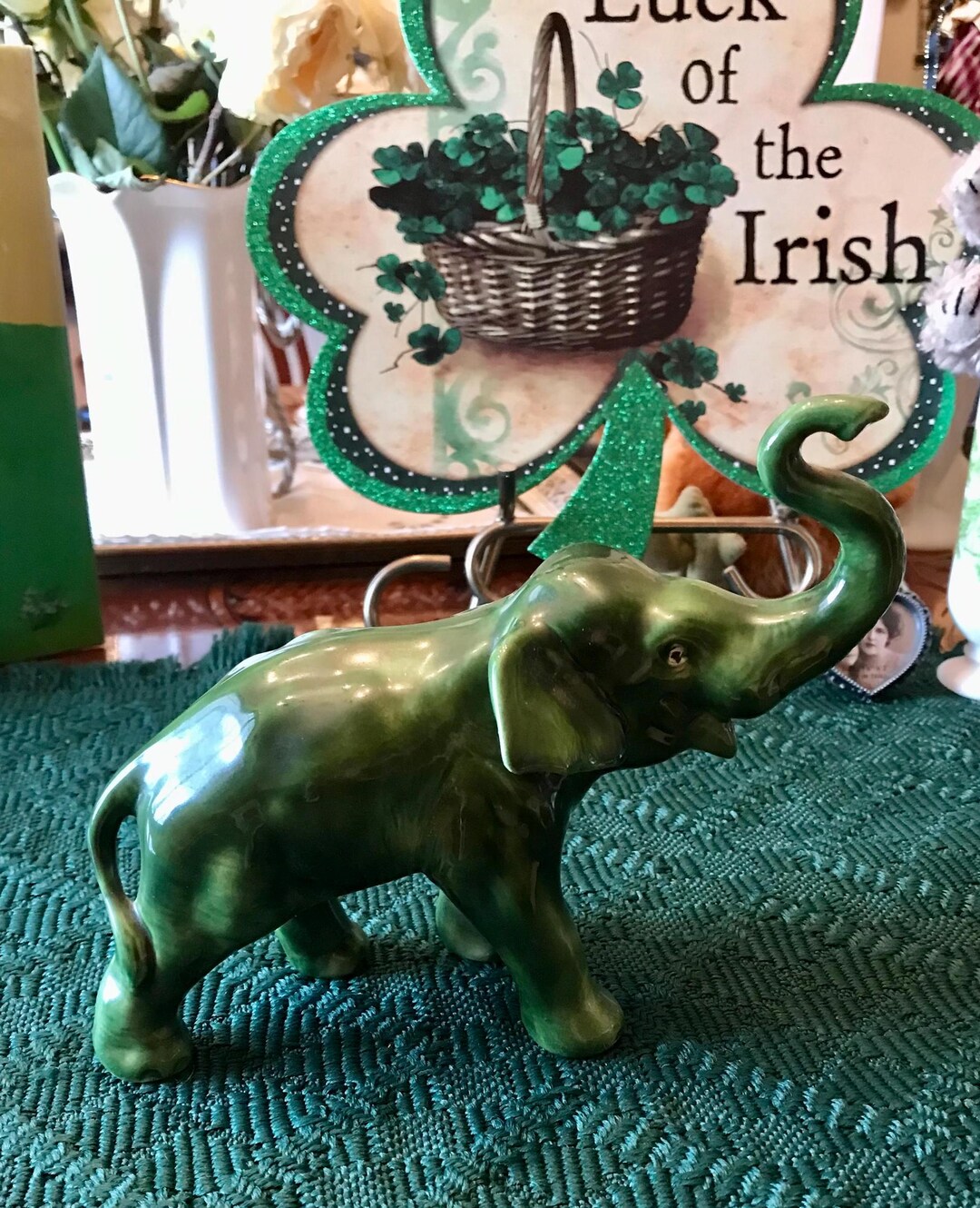 Vintage Emerald Green Ceramic Elephant Statue - Etsy