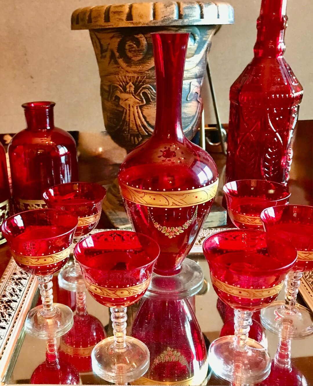 Antique Red Venetian Glass Decanter and Cordial Set - Etsy