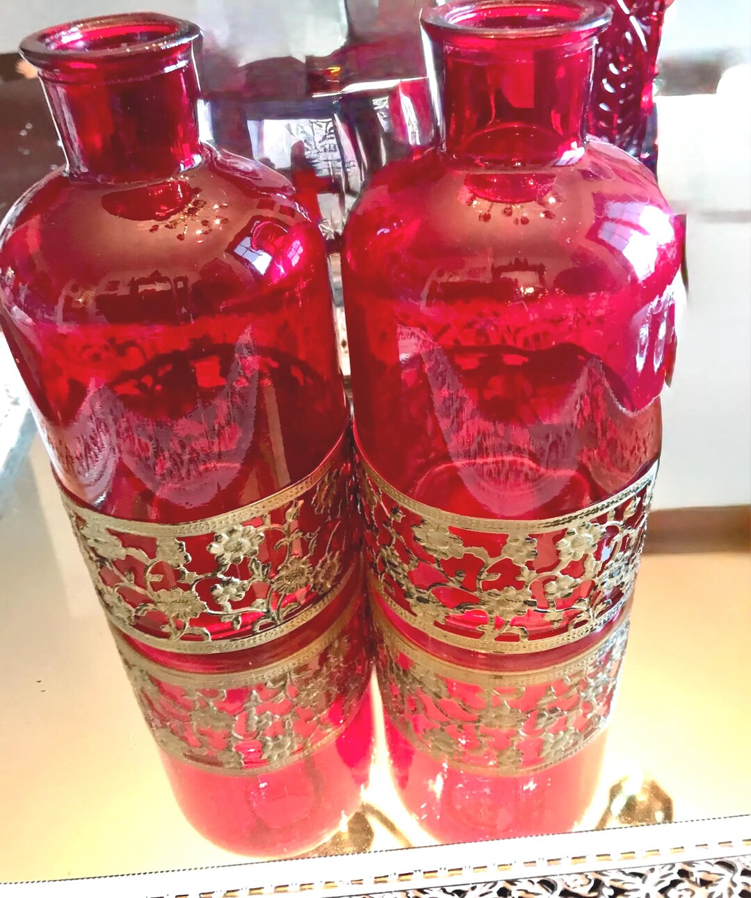 Red Ruby Glass Bottles With Decorative Gold Trim - Etsy