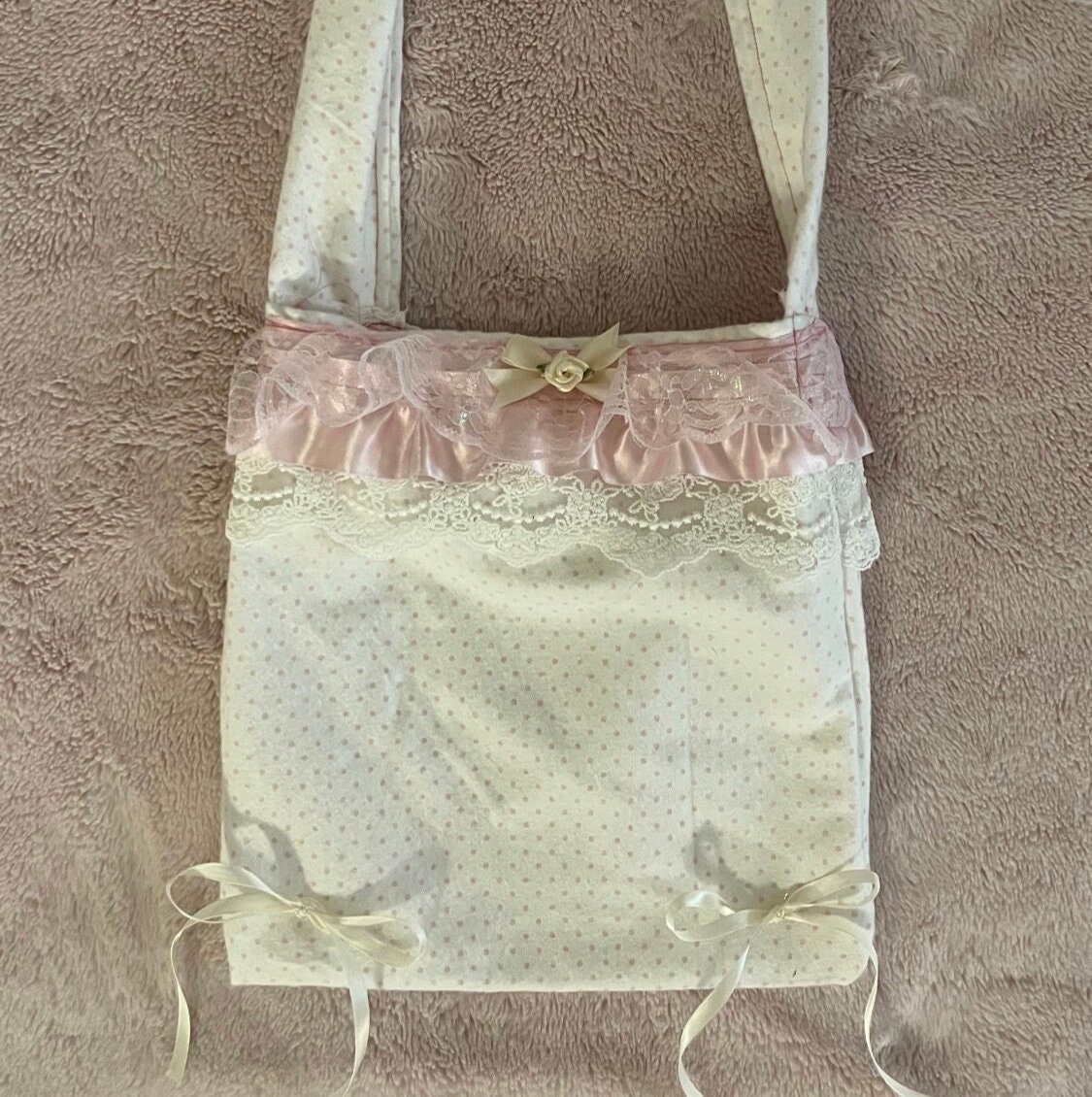 White Pink Polka Dot Lace Ruffle Satin Bow Rose Bag Purse Tote Coquette ...